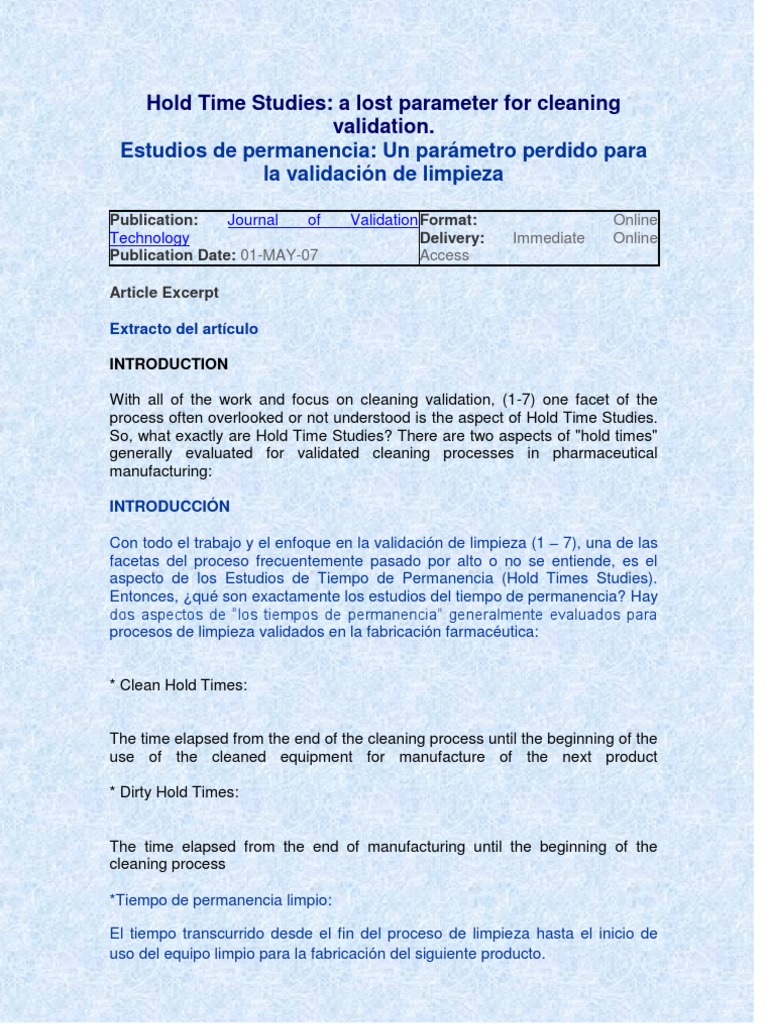 Hold Time Studies A Lost Parameter For Cleaning INGLÉS-ESPAÑOL | PDF ...
