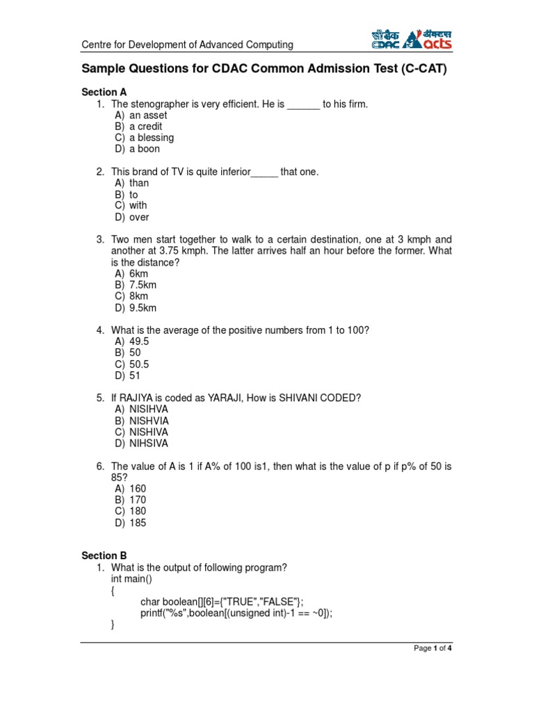 CDAC Common Admission Test (C-CAT) Sample Questions | PDF