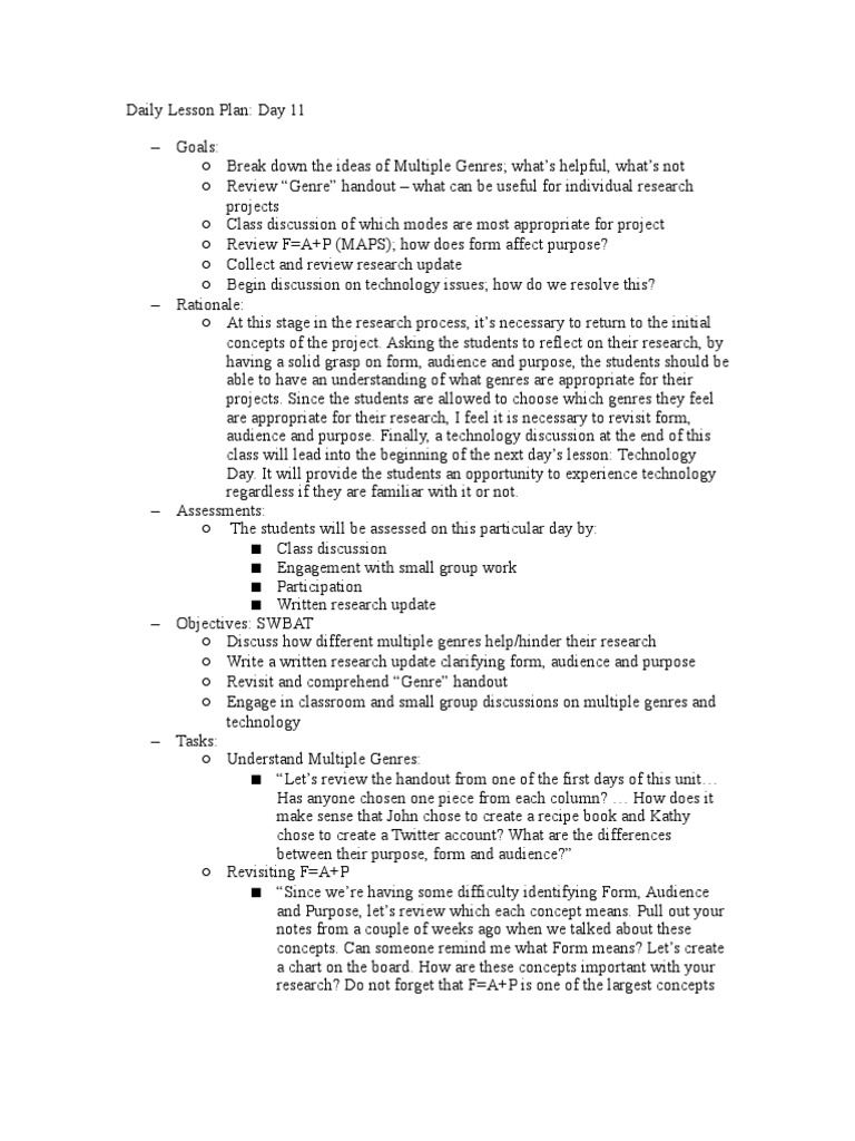 Multi-Genre Research - Daily Lesson Plan - 2 | PDF | Genre | Lesson Plan