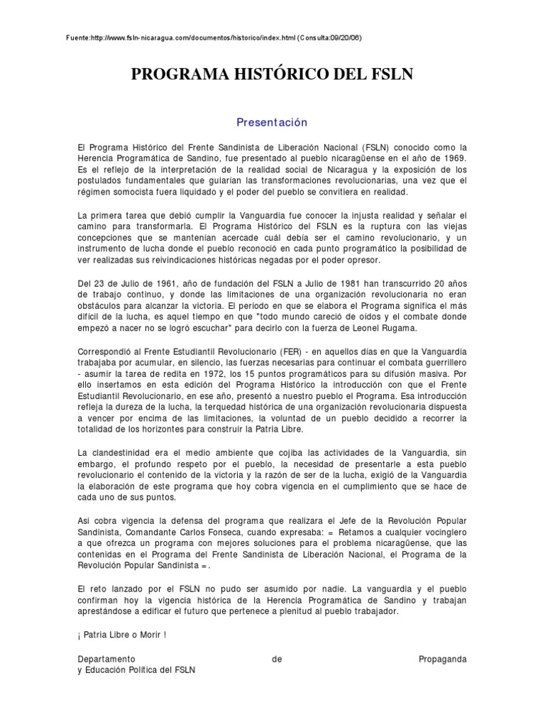 Programa Historico Del Fsln | Frente Sandinista de Liberación Nacional ...