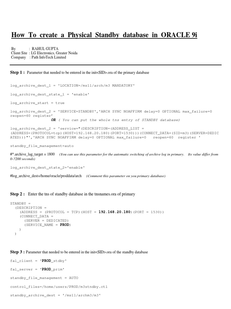 How To Create A Physical Standby Database in ORACLE 9i | PDF | Databases | Operating System