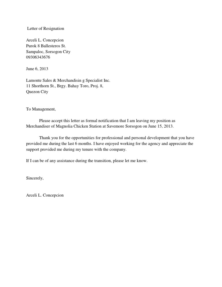 Letter of Resignation