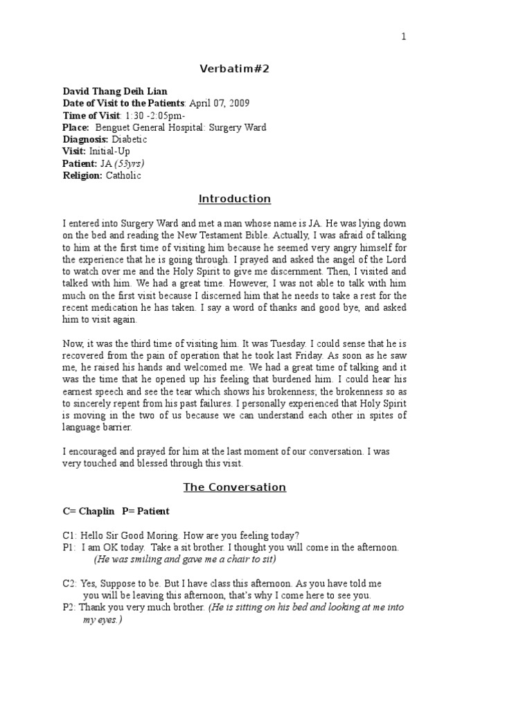 Hospital Ministry:Verbatim | PDF | Forgiveness | Patient
