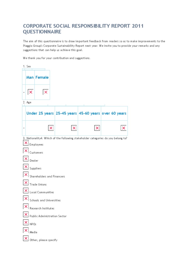 Corporate Social Responsibility Report 2011 Questionnaire: Man Female ...