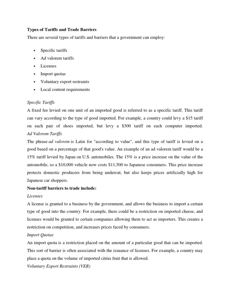 Types of Tariffs and Trade Barriers | PDF | Tariff | Non Tariff ...