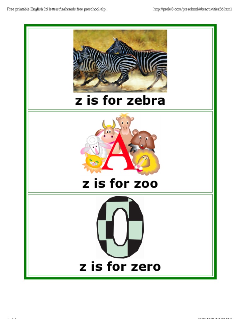 Z Is For Zebra: Free Printable English 26 Letters Flashcards, Free ...