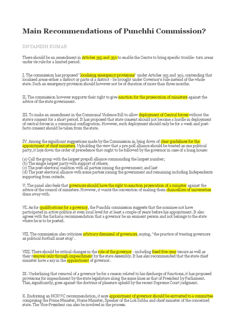 Main Recommendations of Punchhi Commission | PDF | Prime Minister ...