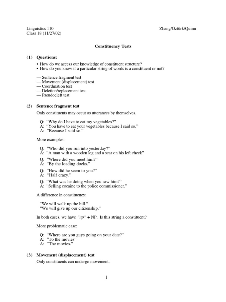 Harvard Linguistics 110 - Class 18 Constituency Tests | PDF ...