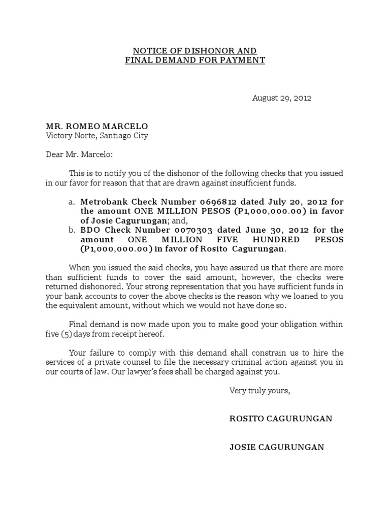 Notice of Dishonor
