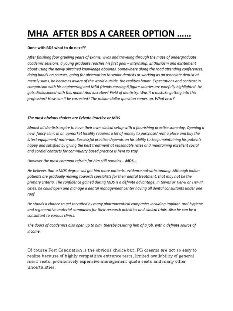 Mha After Bds A Carrier Option | PDF | Dental Degree | Health ...