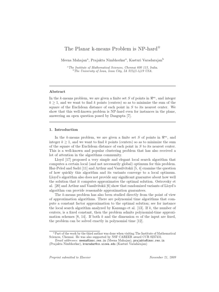 NP-Hardness of the Planar k-Means Clustering Problem: A Reduction from Planar 3-SAT | PDF | Time ...