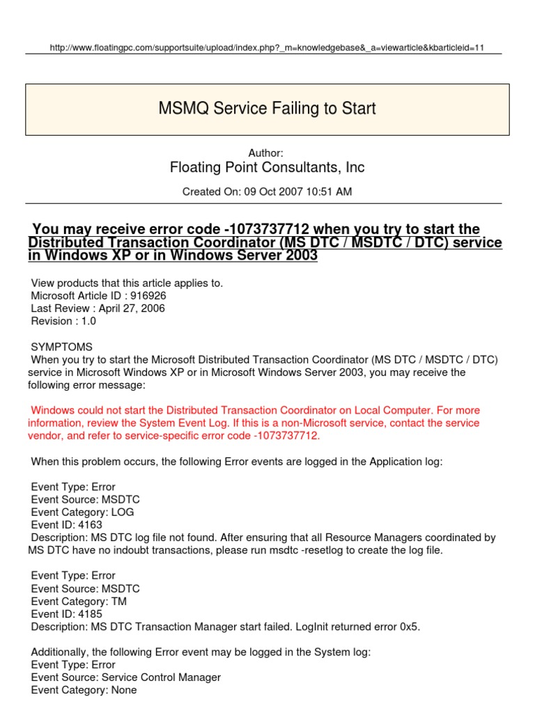 Msmq Service Failing To Start Pdf Microsoft Sql Server Microsoft Windows