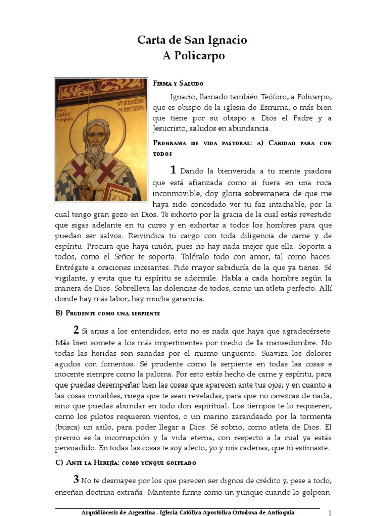 Carta de San Ignacio A Policarpo | PDF | Iglesia Católica | obispo
