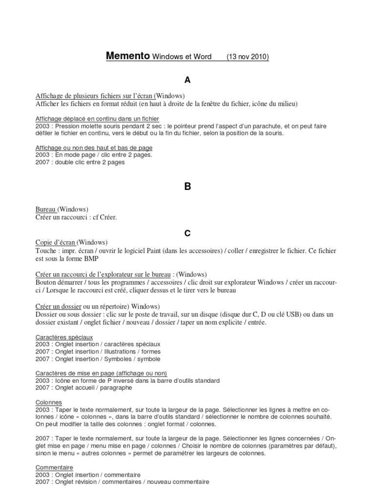 01 Memento Informatique | PDF | Microsoft Word | Fichier informatique