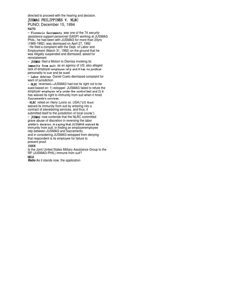 Jusmag Philippines V. NLRC PUNO December 15, 1994: Assistance Support ...