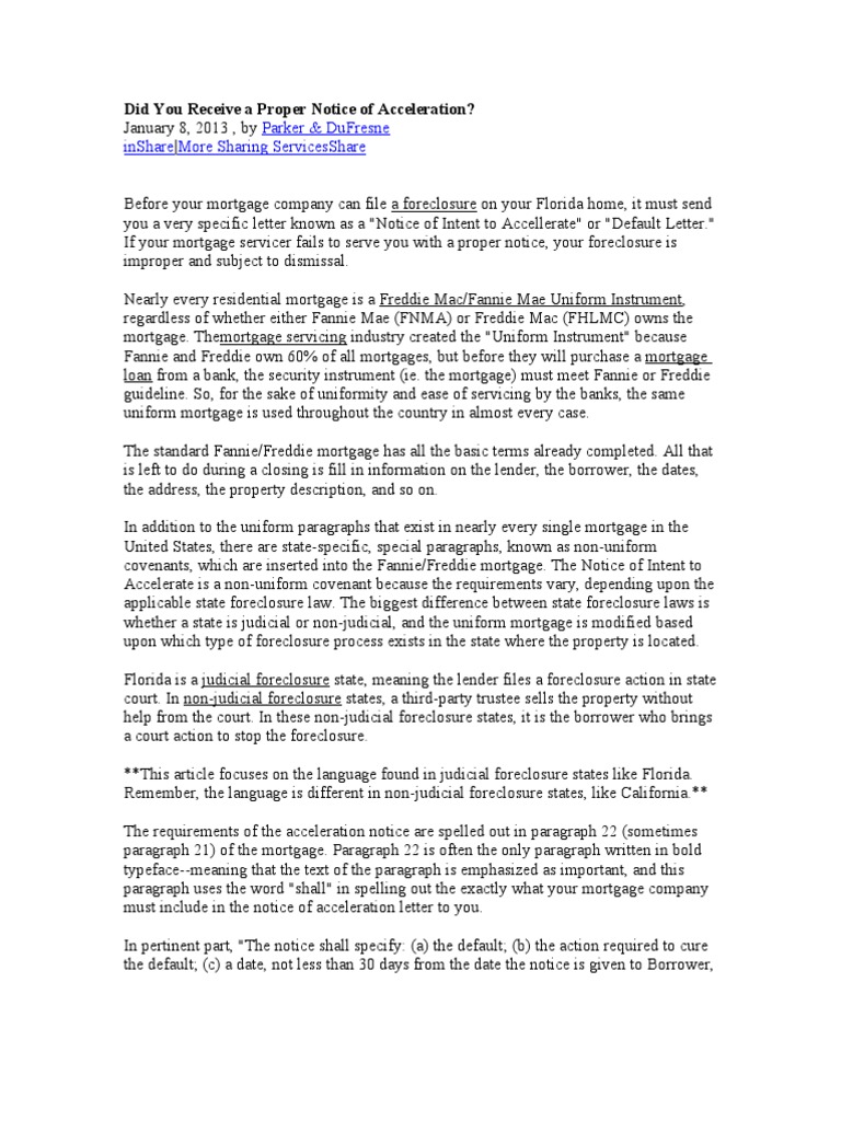 Did You Receive a Proper Notice of Acceleration | Foreclosure | Fannie ...