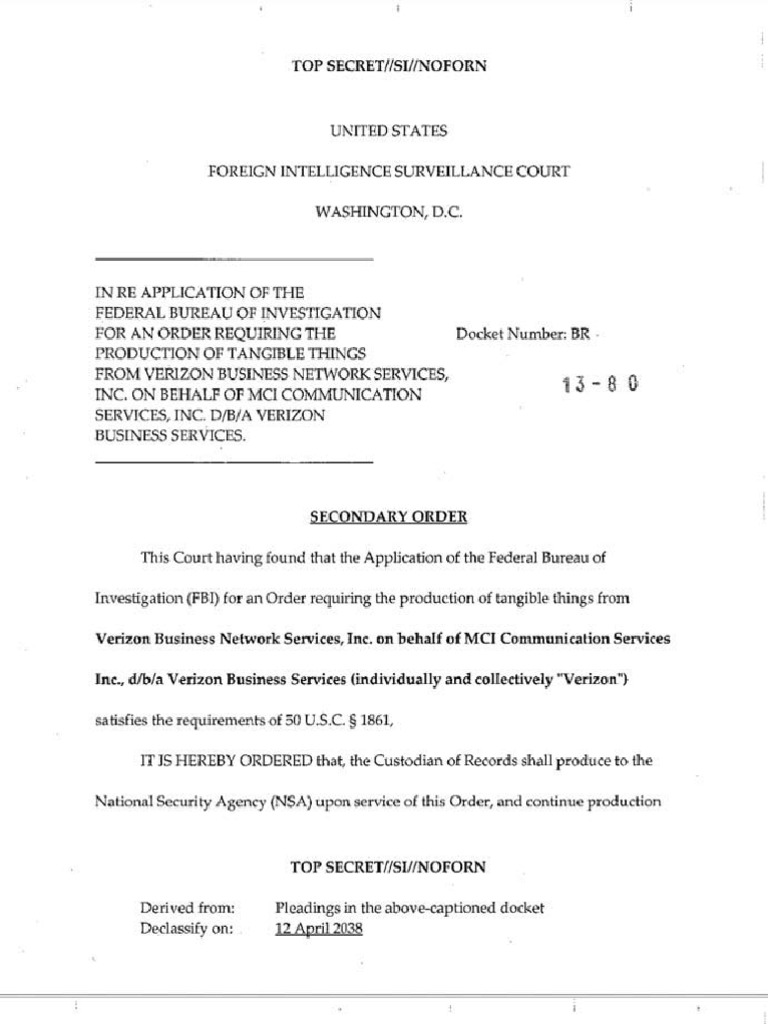 FISA Court Order in BR 13-80 | Verizon Communications | United States ...