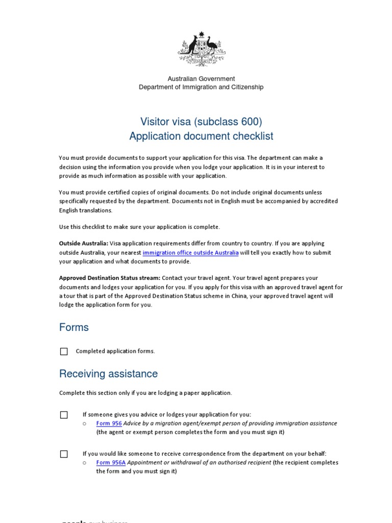 Visitor Visa (Subclass 600) Application Document Checklist | PDF