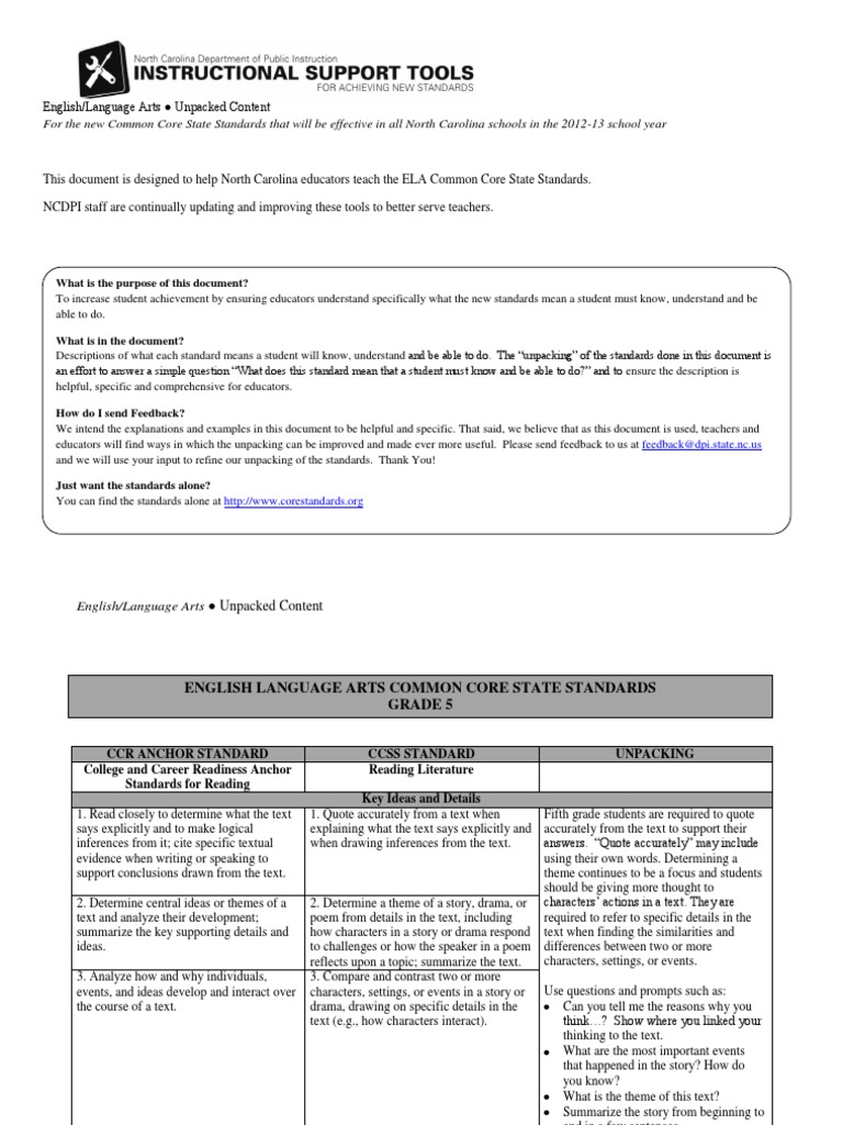 NC ELA Common Core Standards Guide | PDF | English Language | Reading ...
