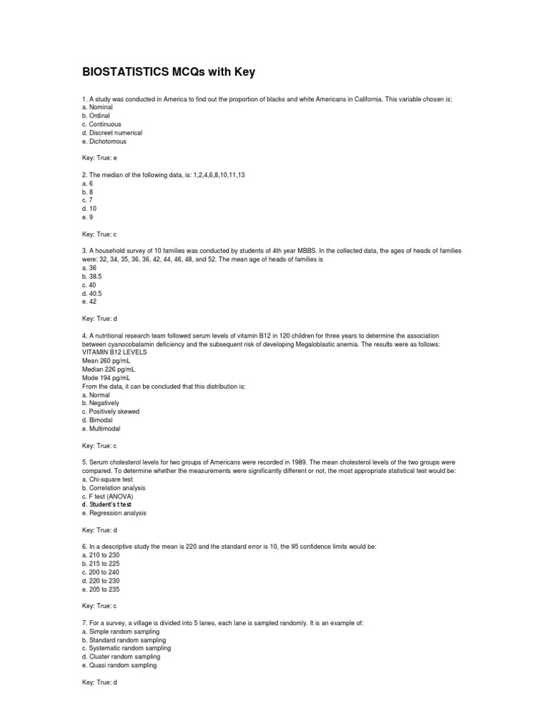 Biostatistics Mcqs With Key | PDF | Mode (Statistics) | Mean