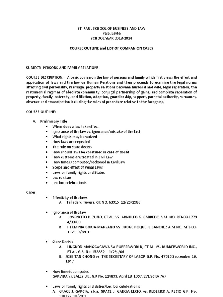 Persons and Family Relations Course Outline | PDF | Marriage | Civil ...