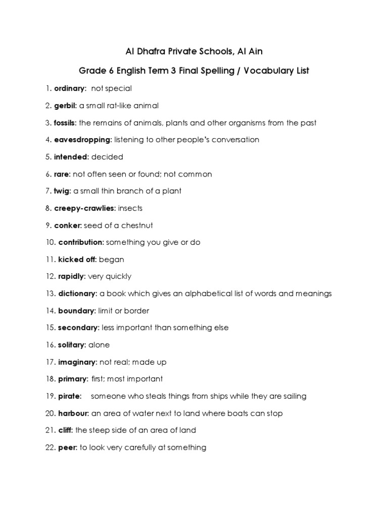 Grade 6 English Term 3 Final Spelling and Vocab June 2013 | PDF
