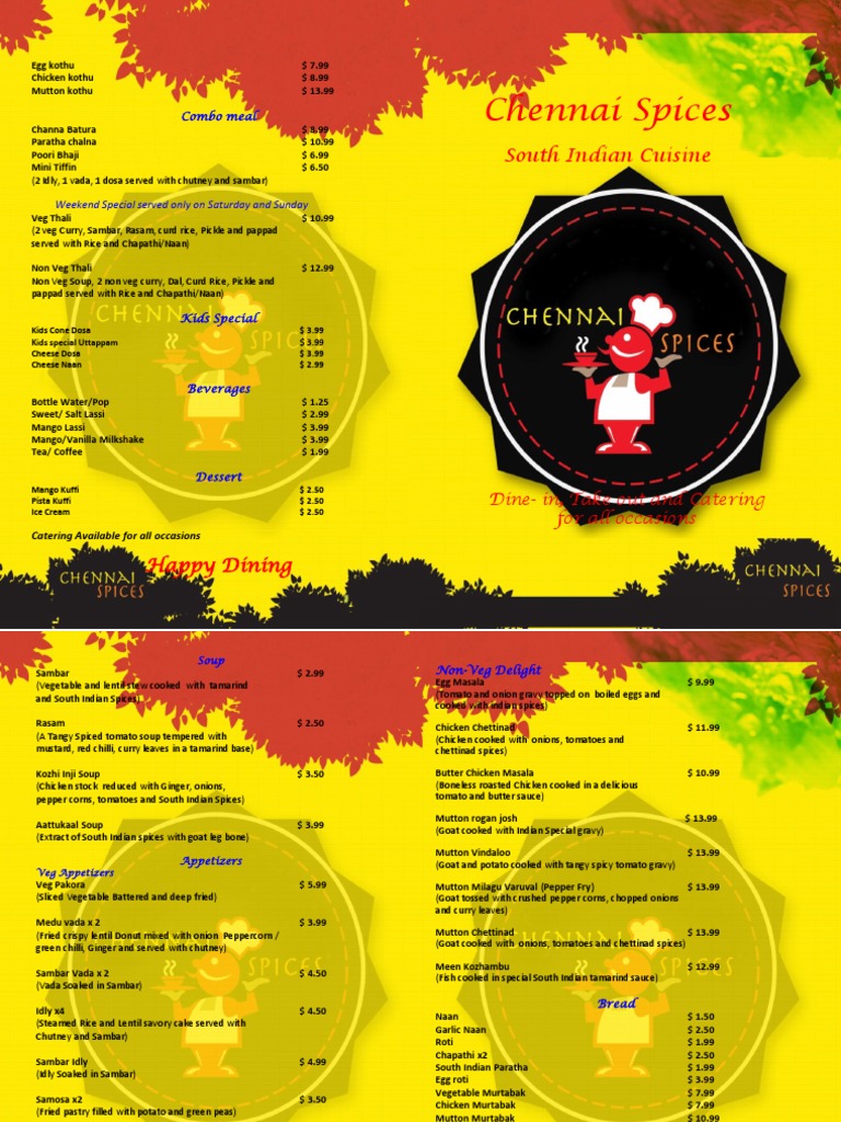 Chennai Spices Menu | Indian Cuisine | Curry