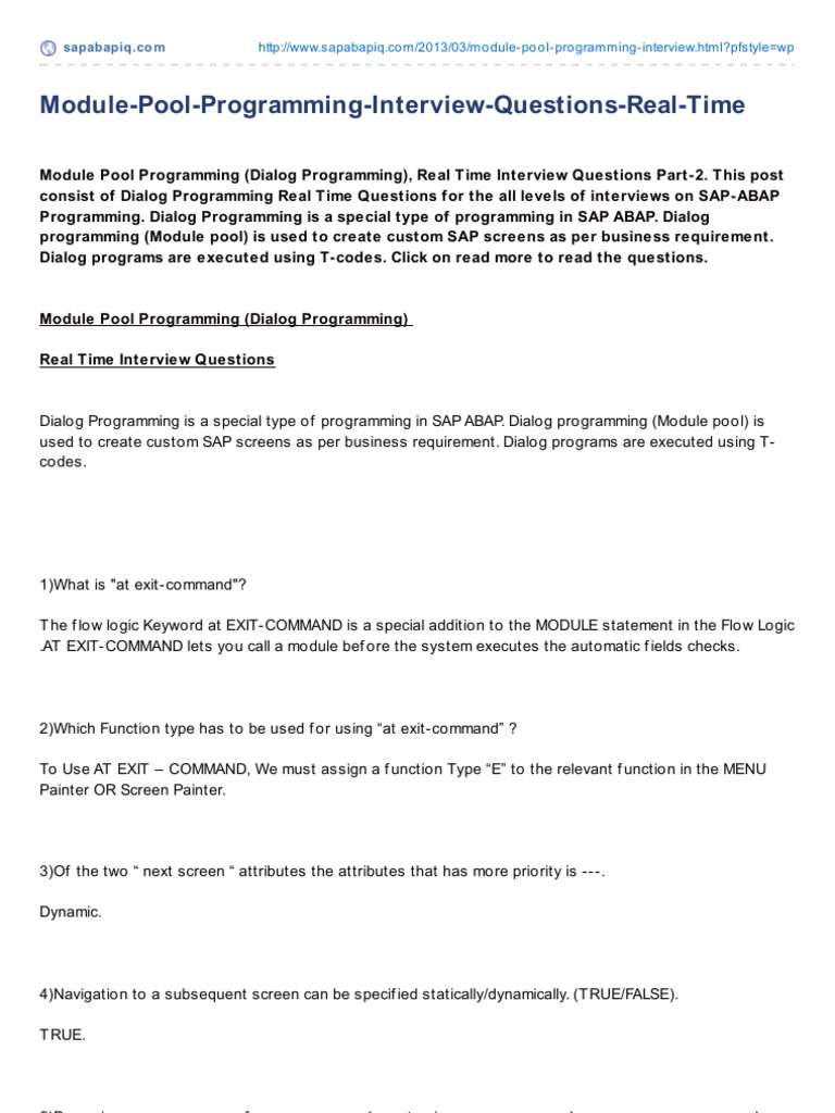 Module-Pool-Programming-Interview-Questions-Real-Time: Sapabapiq - Co M | PDF | Control Flow ...