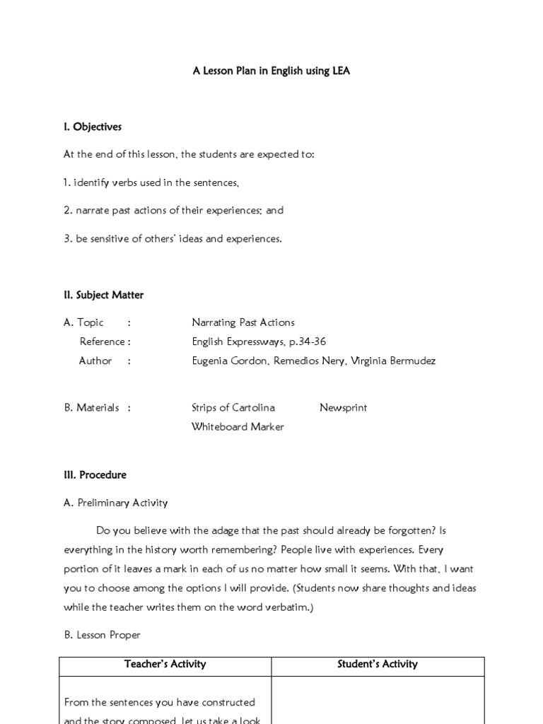 A Lesson Plan in English Using LEA | Perfect (Grammar) | Grammatical Tense