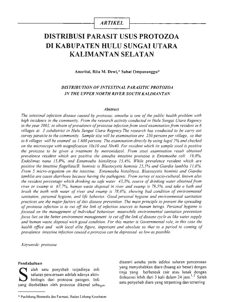 Distribusi Parasit Usus Protozoa di Hulu Sungai Utara | PDF