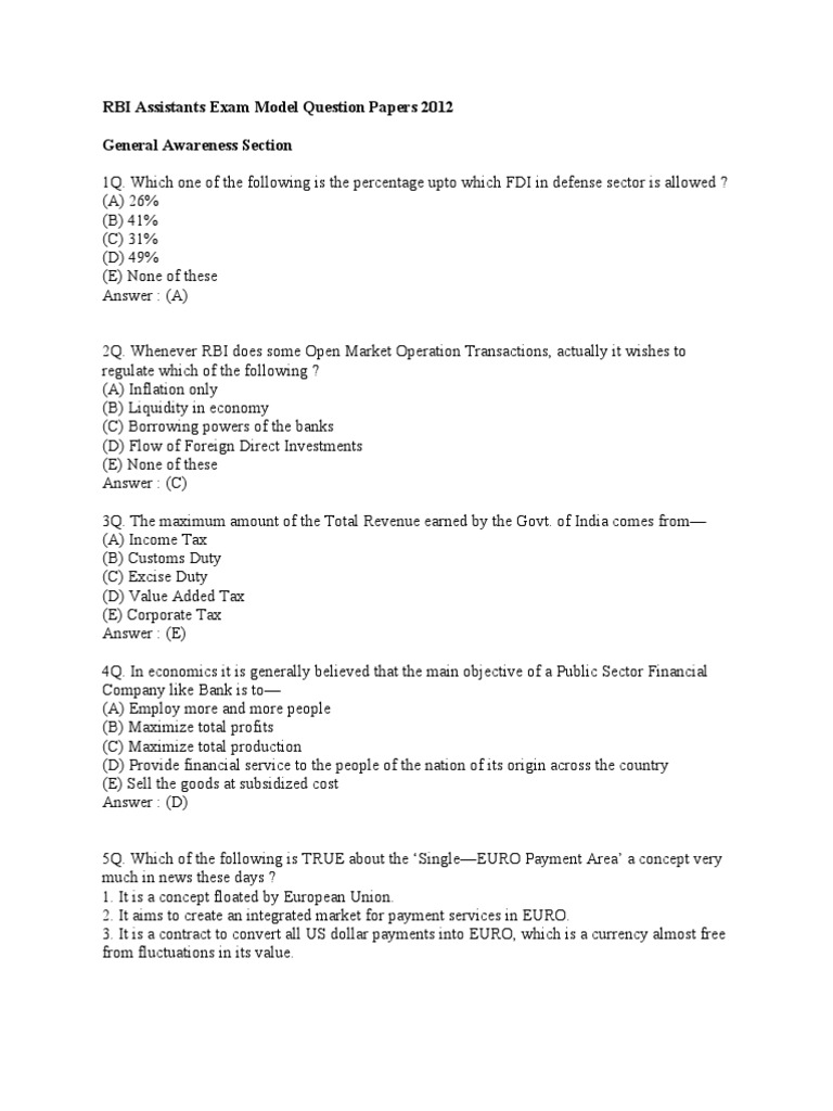RBI Assistants Exam 2012 Question Papers | PDF | Government Budget ...