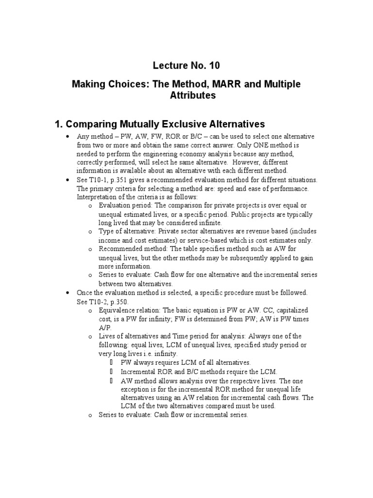 Lecture No. 10 Making Choices: The Method, MARR and Multiple Attributes ...