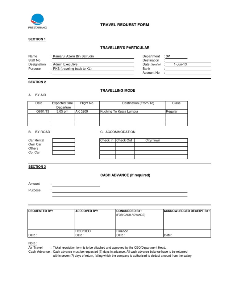 Travel Request Form and Guidelines | PDF | Finance & Money Management