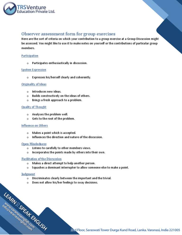 Observer Assessment Form For Group Exercises: Participation | PDF
