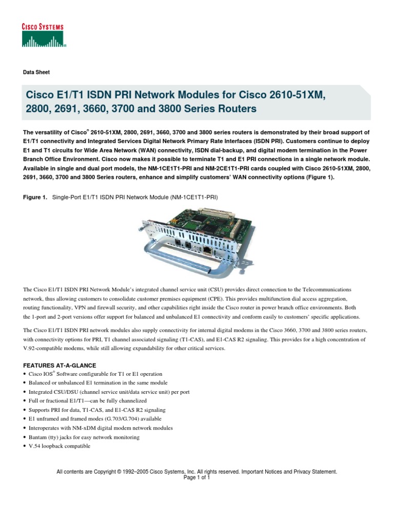 Cisco E1/T1 ISDN PRI Network Modules For Cisco 2610-51XM, 2800, 2691 ...