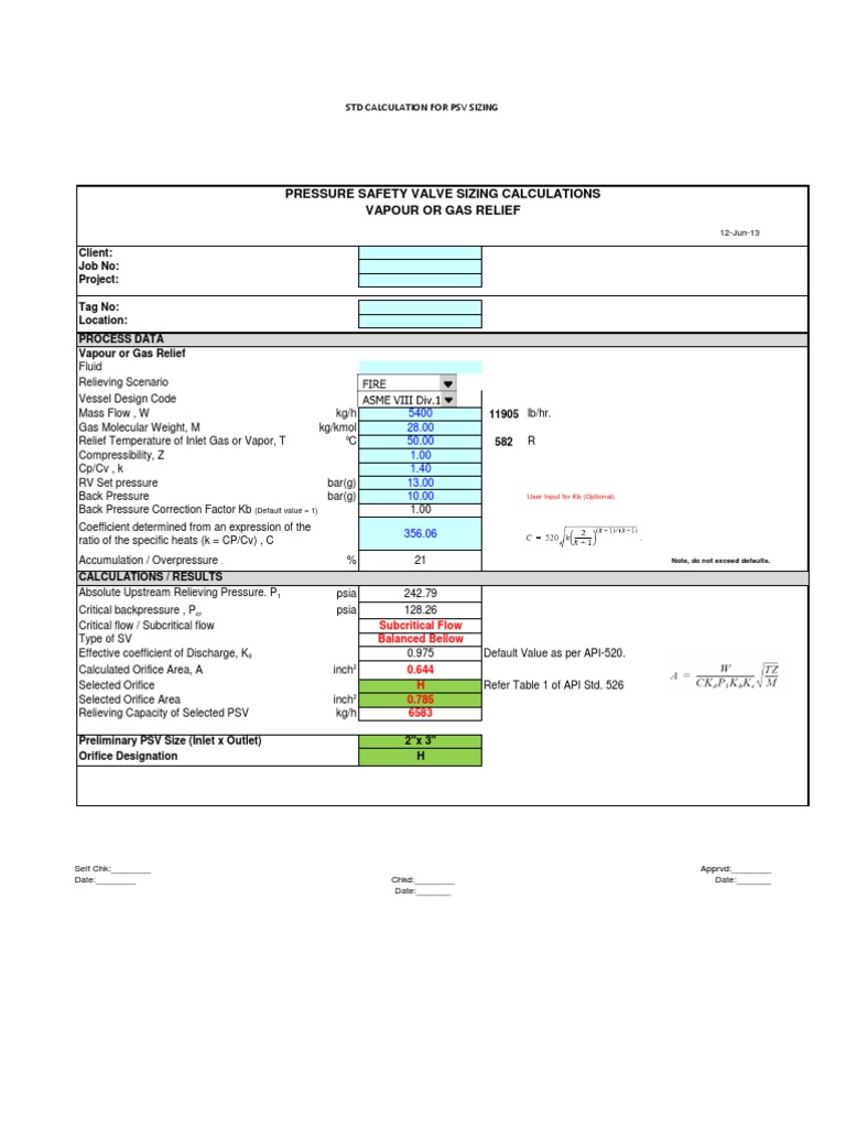 Pressure Safety Valve Sizing Calculation Rev.01 | PDF | Pressure | Gases