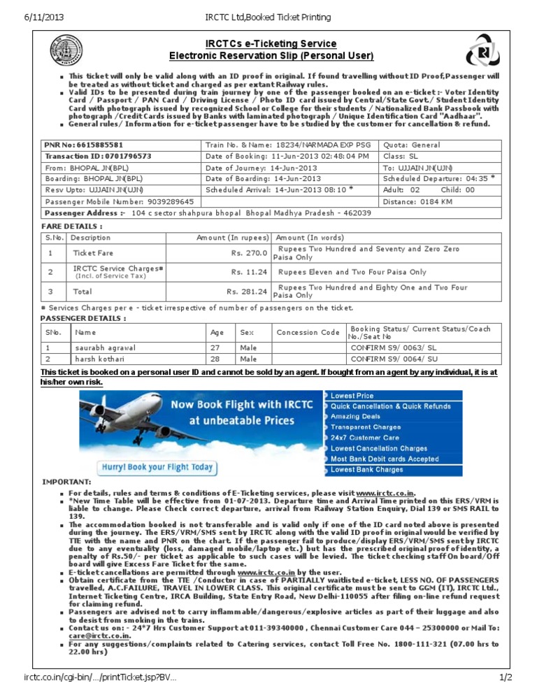 IRCTC LTD, Booked Ticket Printing | PDF | Business | Finance & Money Management