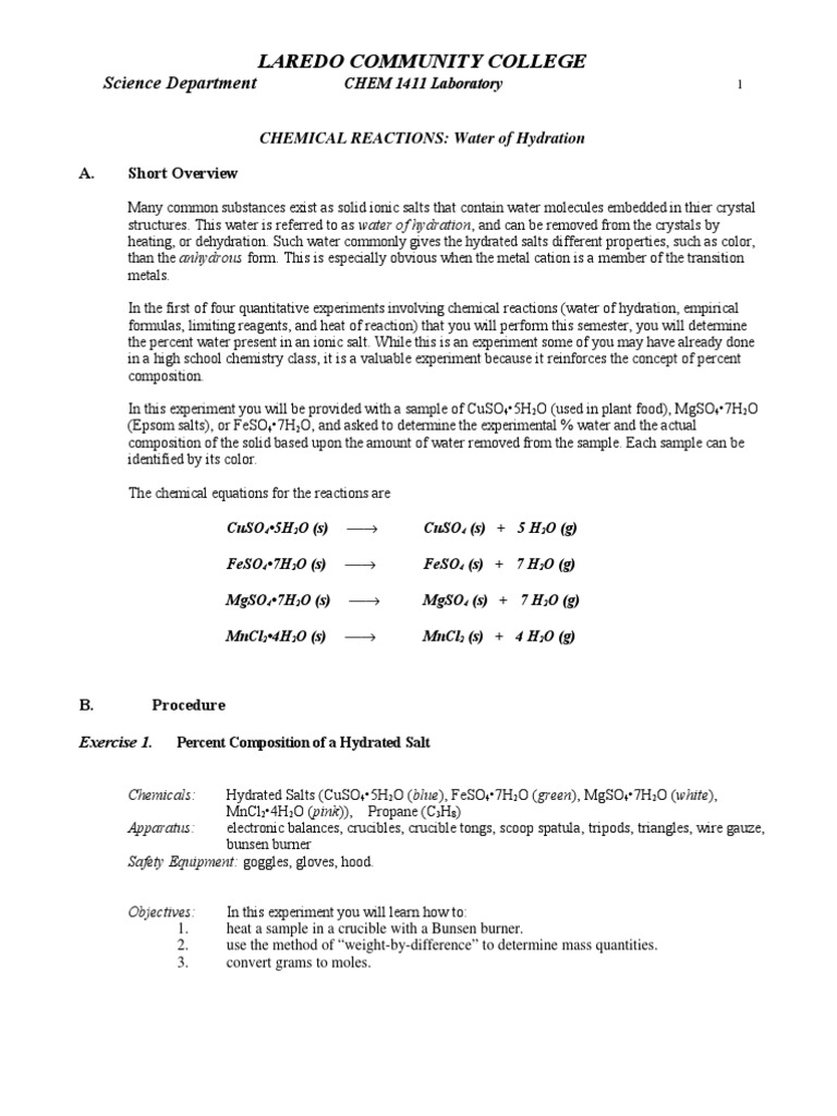 Percent Water in Hydrated Salts Experiment | PDF | Properties Of Water ...