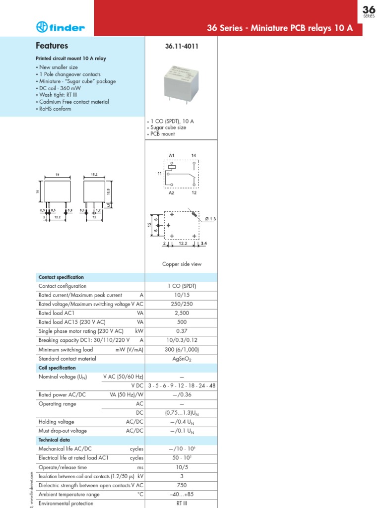 Features: 36 Series - Miniature PCB Relays 10 A | PDF | Relay | Switch
