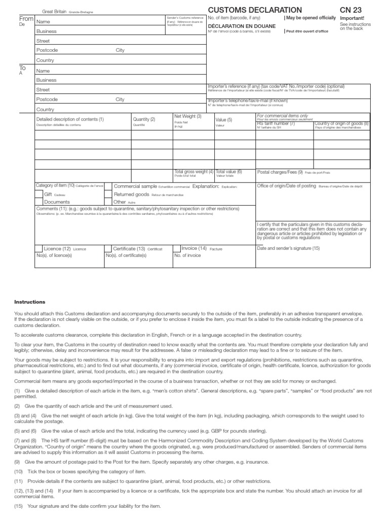 HM Revenue & Customs - Form CN23 - 2012 | PDF | Customs | Mail