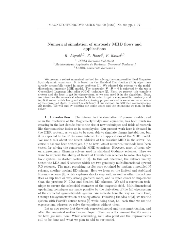 Numerical Simulation of Unsteady MHD Flows and Applications: R. Abgrall ...