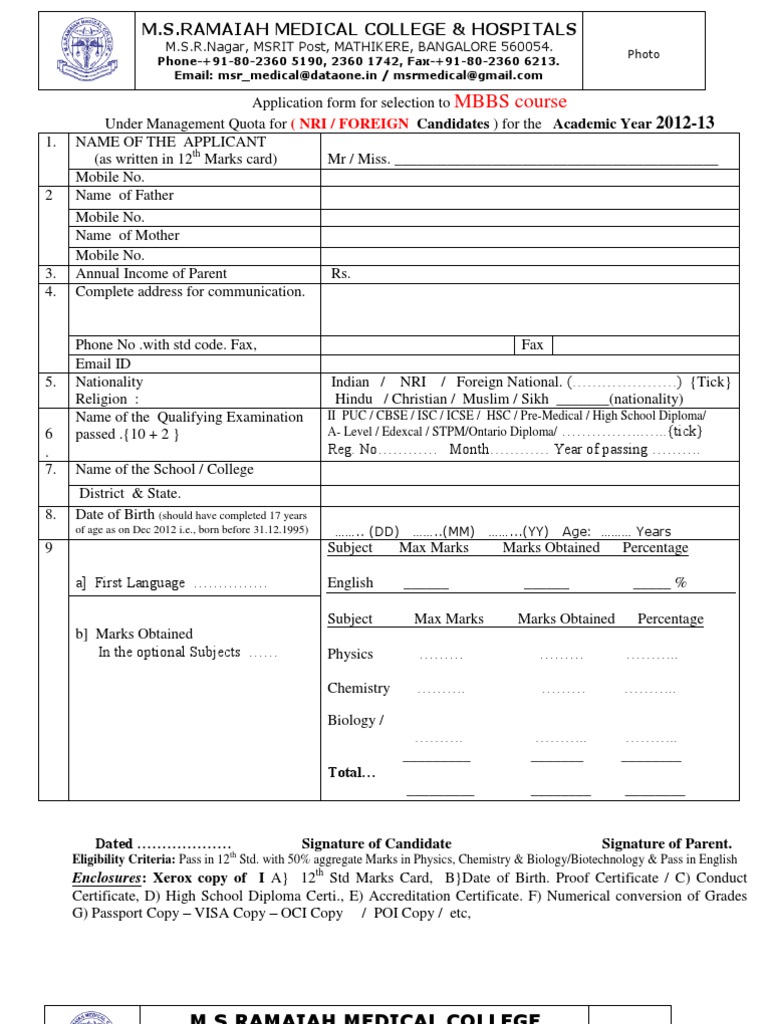 MBBS Application Form for NRI Candidates | PDF | Travel Visa | Schools
