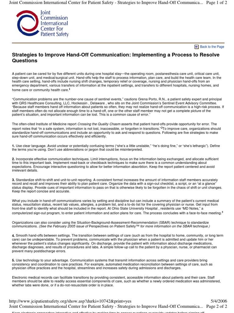 Strategies To Improve Handoff Communication | PDF | Patient Safety ...