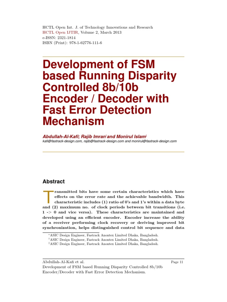 Development of FSM Based Running Disparity Controlled 8b/10b Encoder/Decoder With Fast Error ...