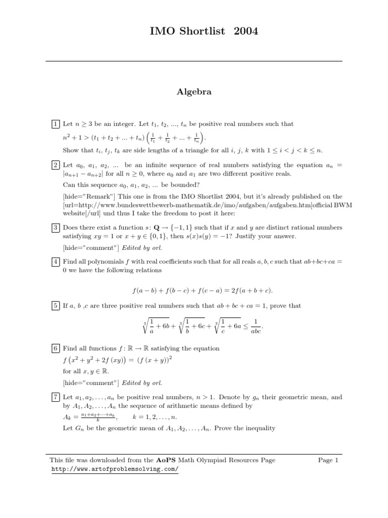 IMO 2004 Shortlist Problems Overview | PDF | Triangle | Mathematical ...