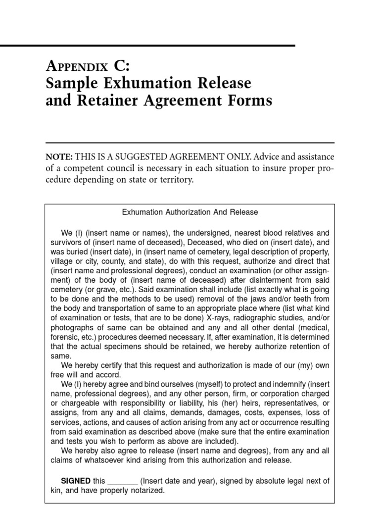 A C: Sample Exhumation Release and Retainer Agreement Forms: Ppendix ...