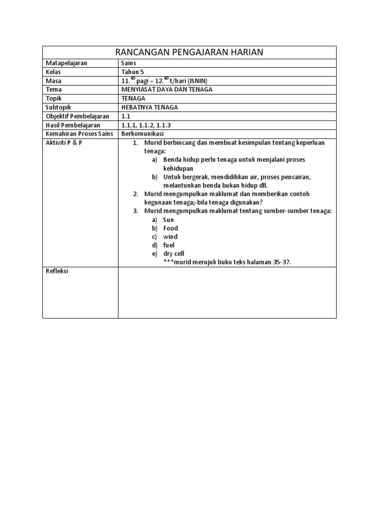 RPH Sains Tahun 5: Daya dan Tenaga | PDF