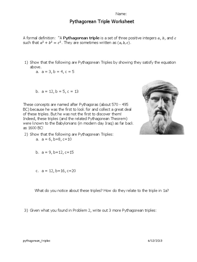 Pythagorean Triples Worksheet | PDF | Mathematical Objects | Discrete Mathematics