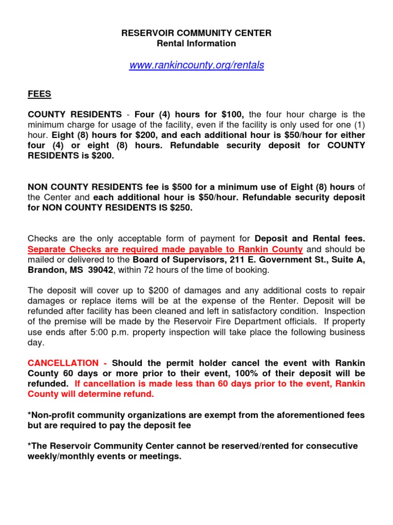 Reservoir Community Center Rental Information | PDF | Renting | Fee