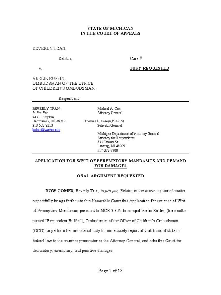 Michigan Peremptory Mandamus Petition | Mandamus | Writ